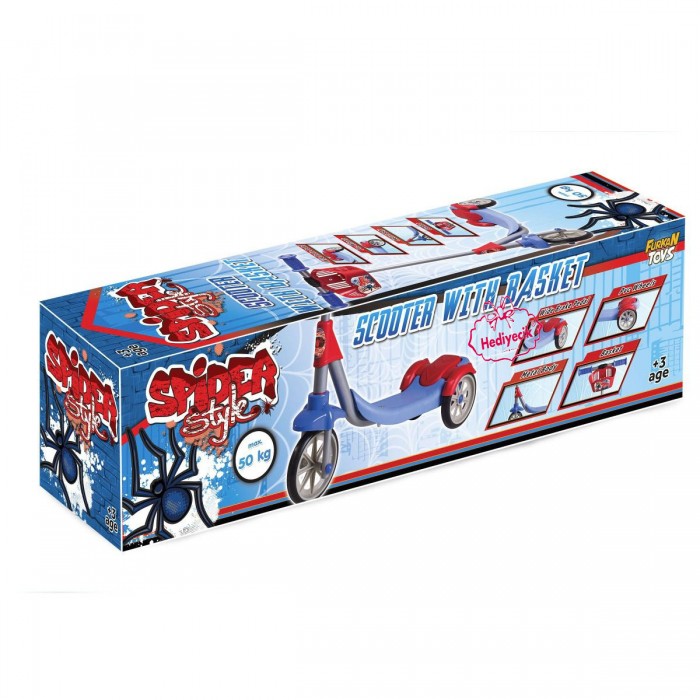 Spider Örümcek 3 Tekerlekli Frenli Sepetli Erkek Çocuk Scooter Üç Tekerli